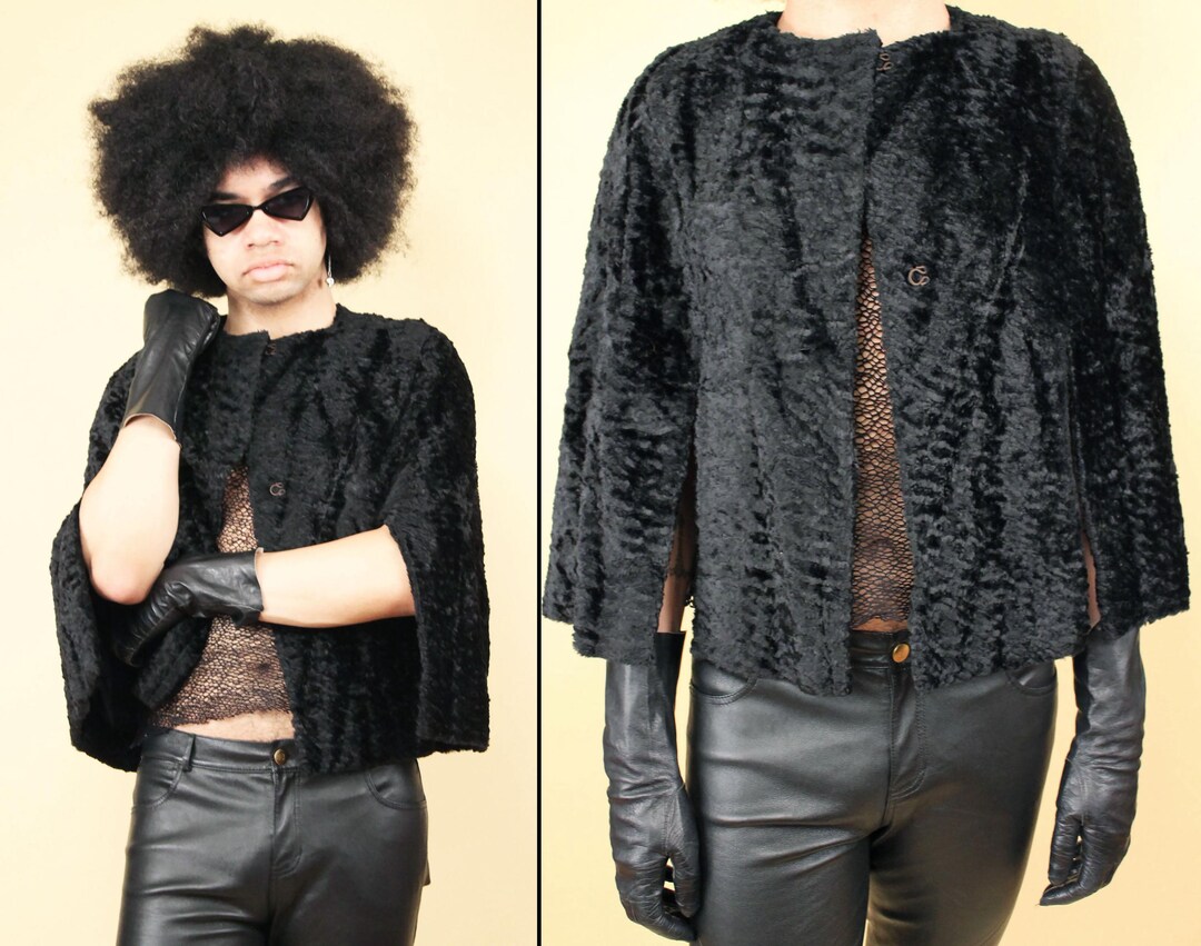 40s 50s Vtg Faux Fur Persian Lamb Black Velvet Capelet Cape Women's Pin ...