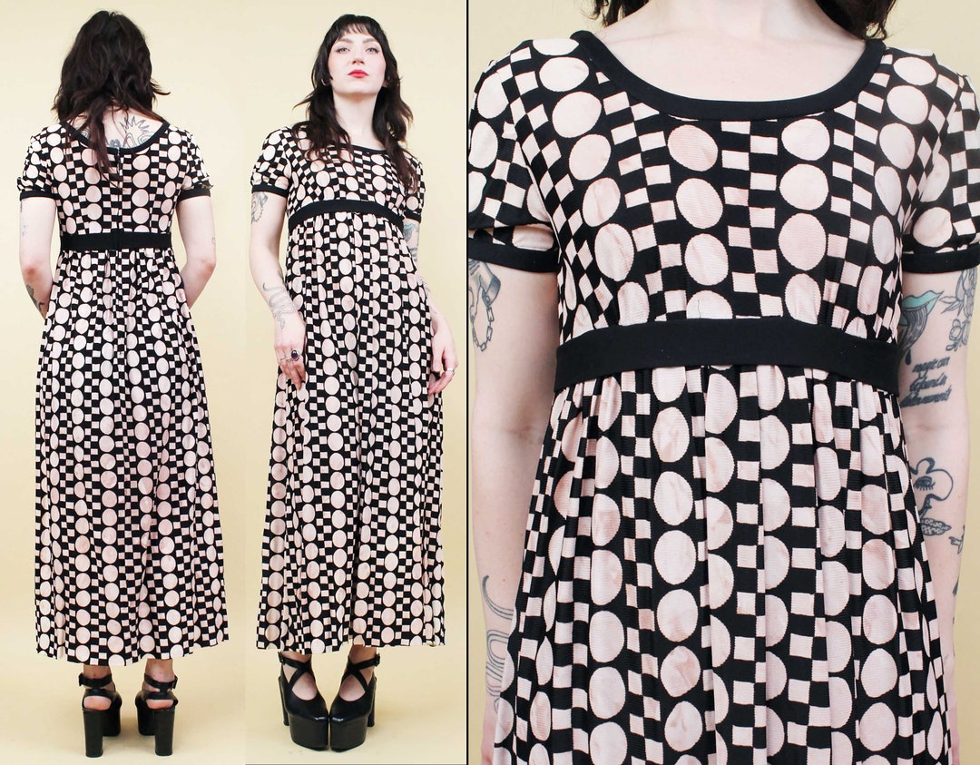 60s Vtg Op Art Circle Checker Pattern Maxi Dress Scoop Neck Short ...