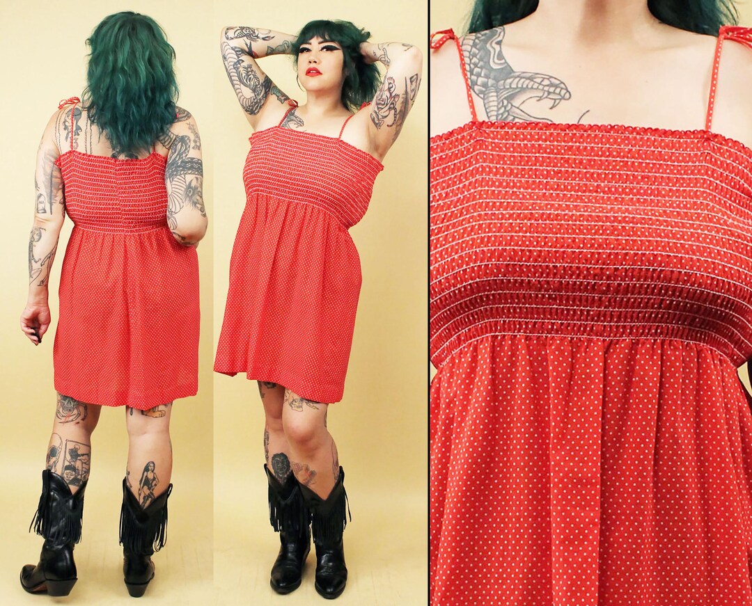 70s Vtg Red & White Swiss Dot Ruched Bust Mini Dress Knee Length Tie ...