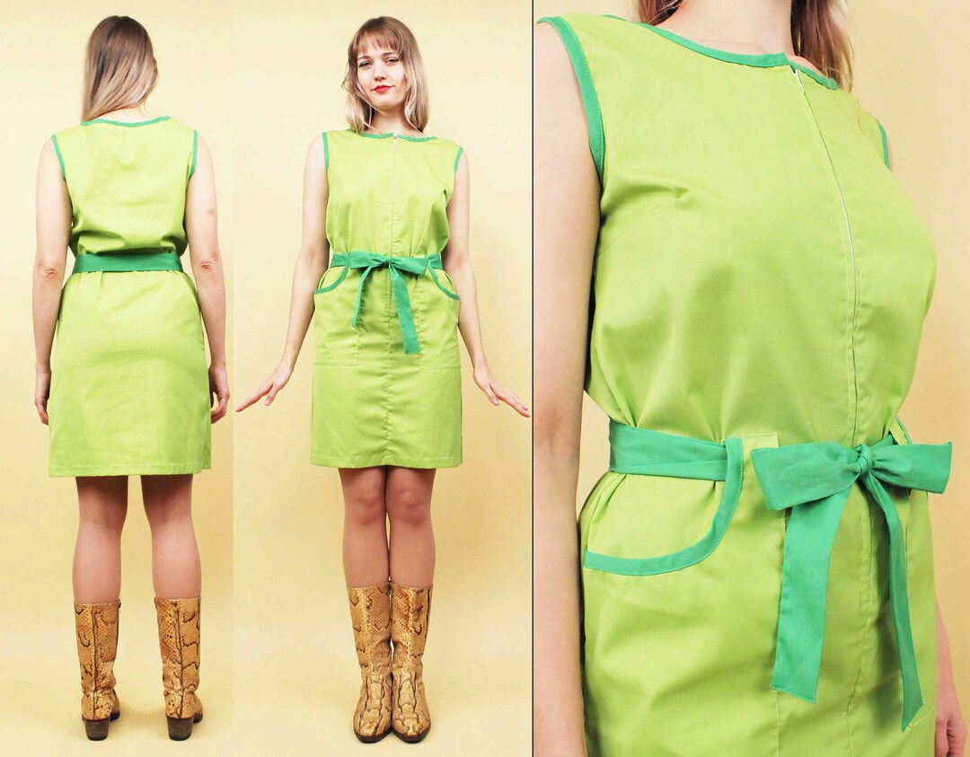 60s Vtg Green 2 Tone Mini Dress Shift Sheath Zip up Mod Poly Cotton ...
