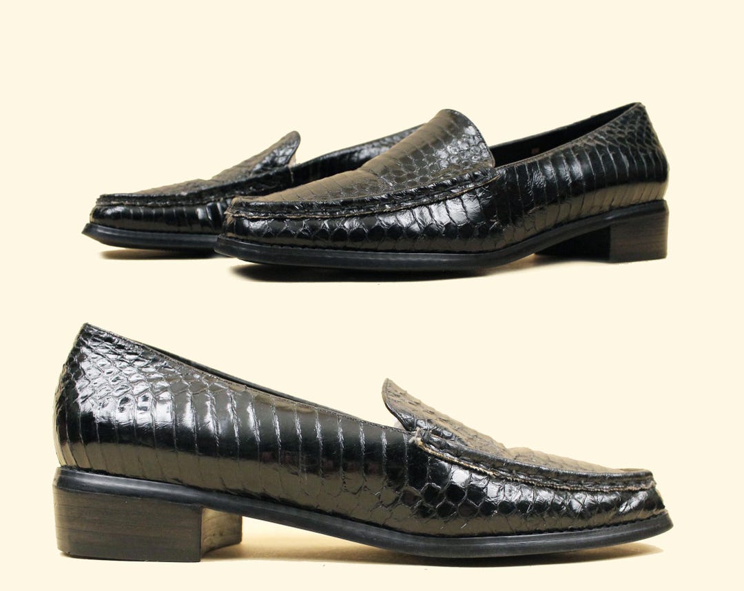 80s Vtg Black Genuine Snakeskin Python Leather Upper Slip on Loafer by ...
