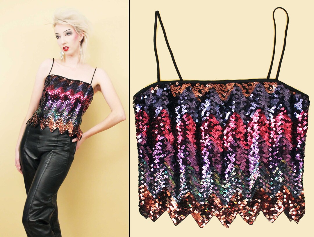 80s Vtg Jewel Tone Sawtooth Hem Sequin Rainbow Shirt Top Blouse ...