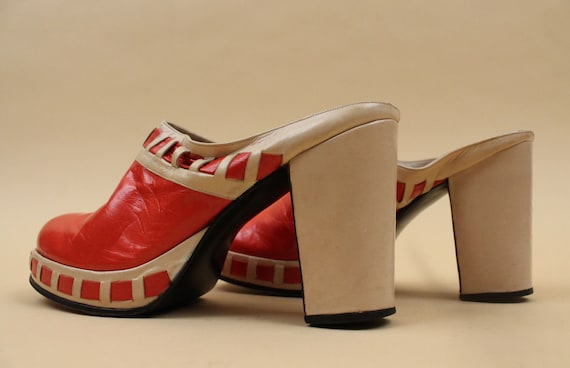 60s 70s Vtg Red & White Leather Clog Platform High He… - Gem