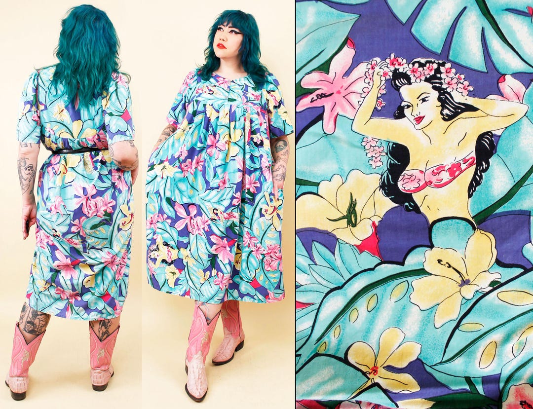 80s Vtg Hawaiian Hula Girl Pin up Novelty Print Floral Cotton Kaftan ...