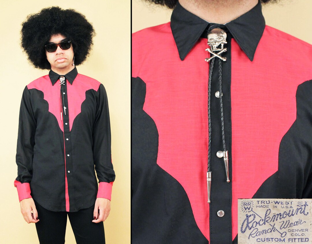 80s Vtg Black Red Western Yolk Snap Button Shirt Long Sleeve Long Tail ...