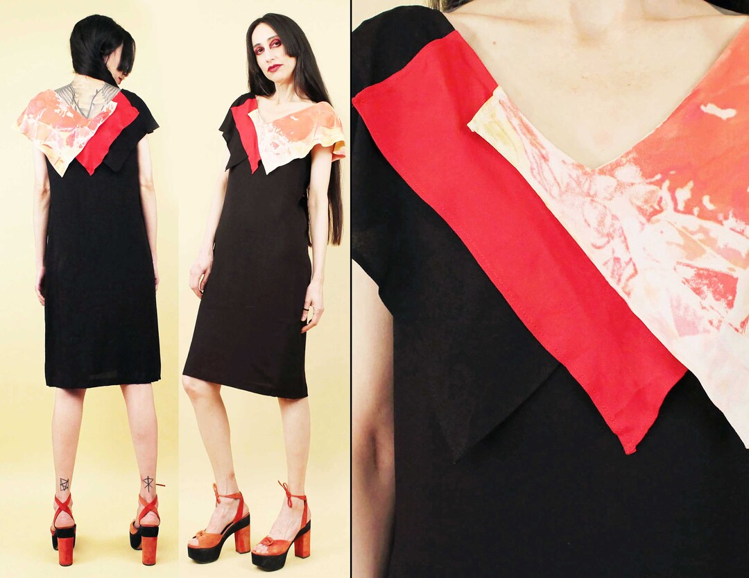 70s 80s Vtg Avant Garde Triangle Collar Black & Red Sheath Dress Batik ...