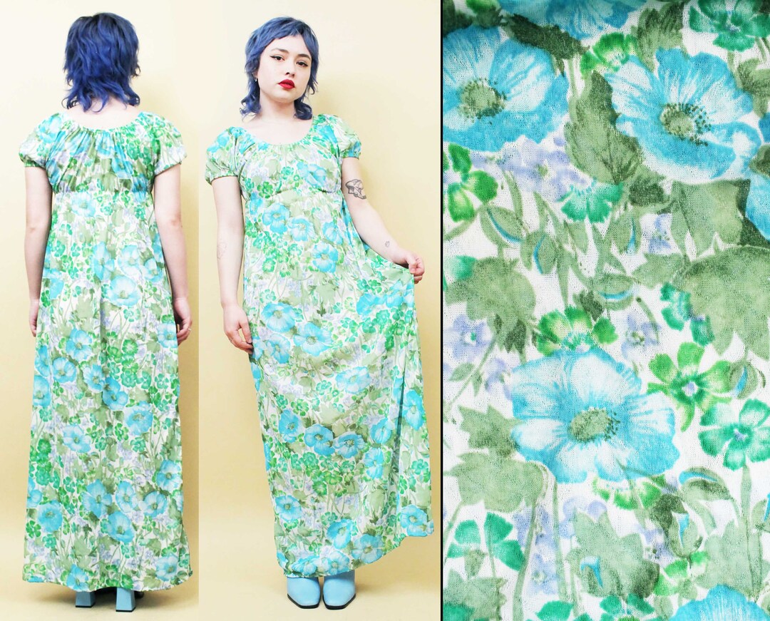 60s 70s Vtg Blue Green Floral Slip Dress Scoop Neckline Puff Sleeve ...