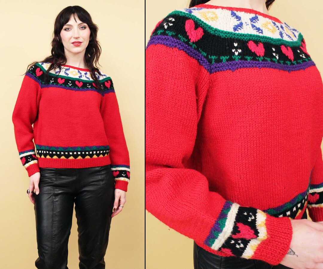 70s 80s Vtg Red Primary Color Hearts Block Hand Knit Acrylic Sweater ...