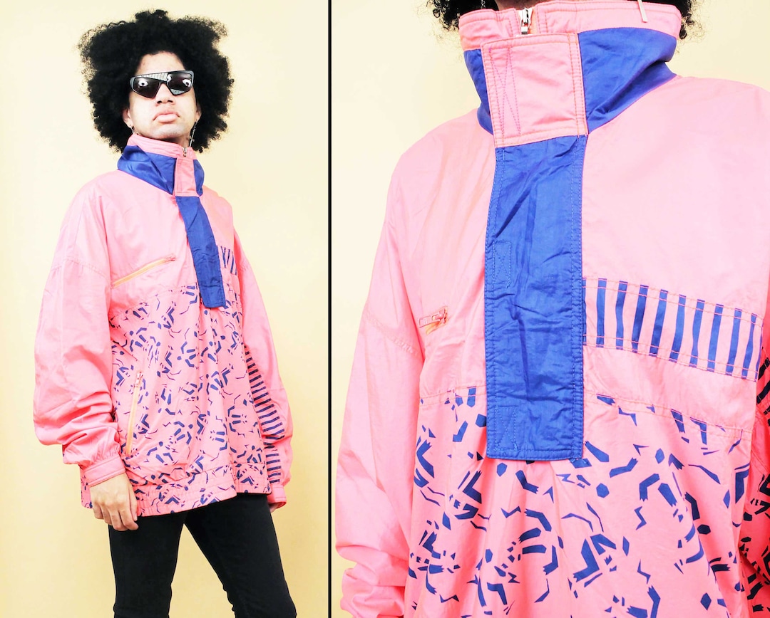 80s 90s Vtg Dayglo Neon Salmon Pink Ski Jacket Windbreaker High Collar ...