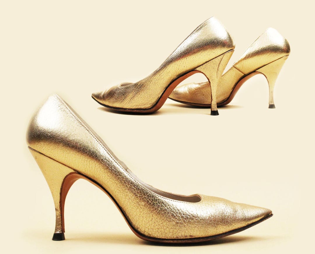 50s Vtg Gold Leather Metallic Lamé Stiletto High Heel Pumps Pointy Toe ...