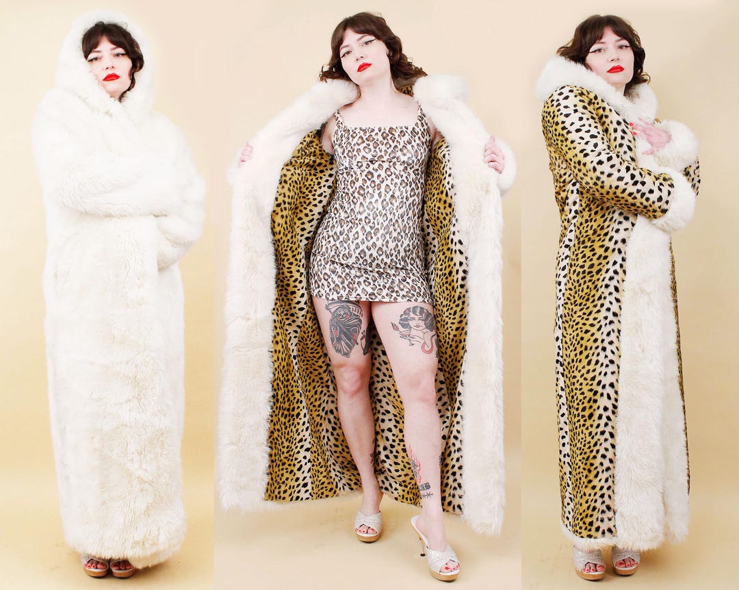 70s 80s Vtg Custom White Faux Fur Leopard Print Reversible Coat Heavy ...