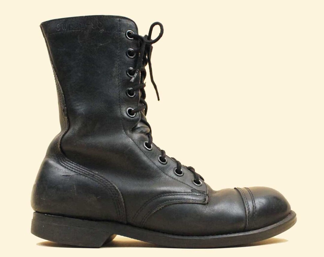 80s 90s 1990 Dated Vtg Black Leather Combat Boots Lace up Ankle Army ...