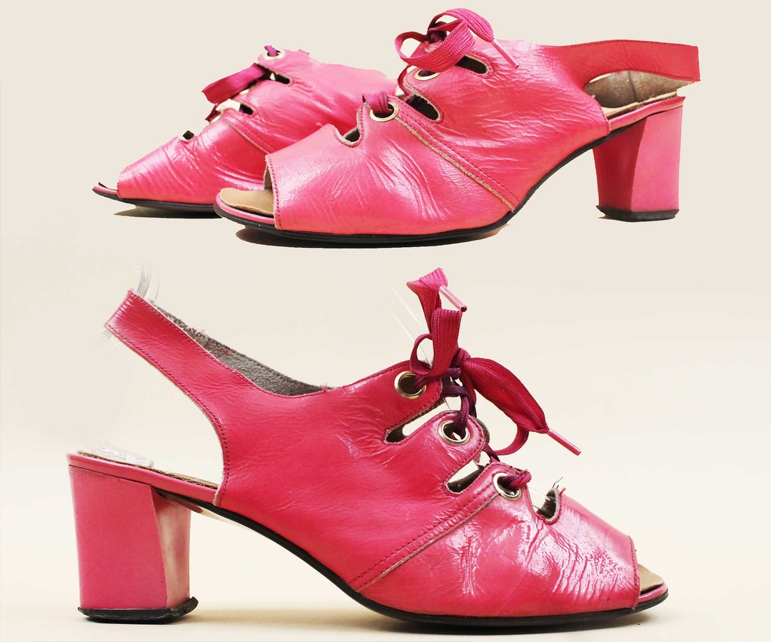 60s Vtg Bubblegum Pink Leather Cage Lace up Slingback Platform Chunky ...