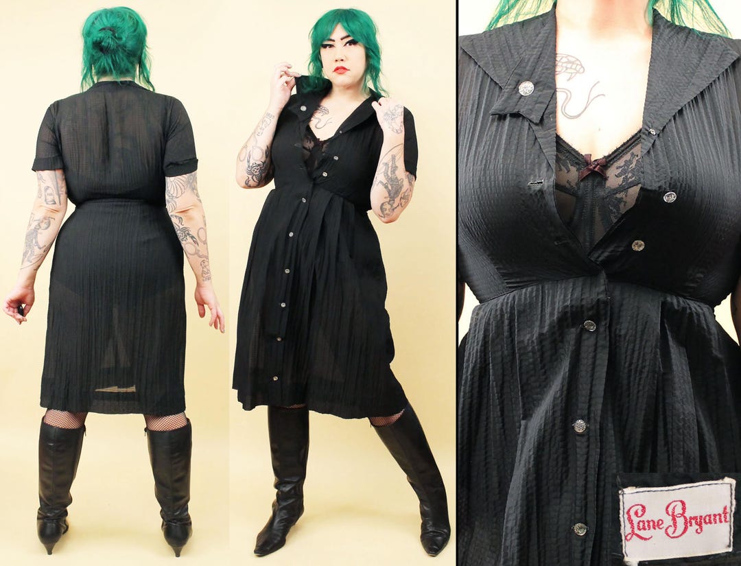 40s 50s Vtg Lane Bryant Sheer Black Day Dress Rhinestone Buttons Pointy ...
