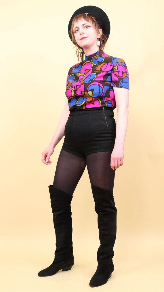 60s Vtg Op Art Abstract Shapes Mock Neck Short Sleeve… - Gem