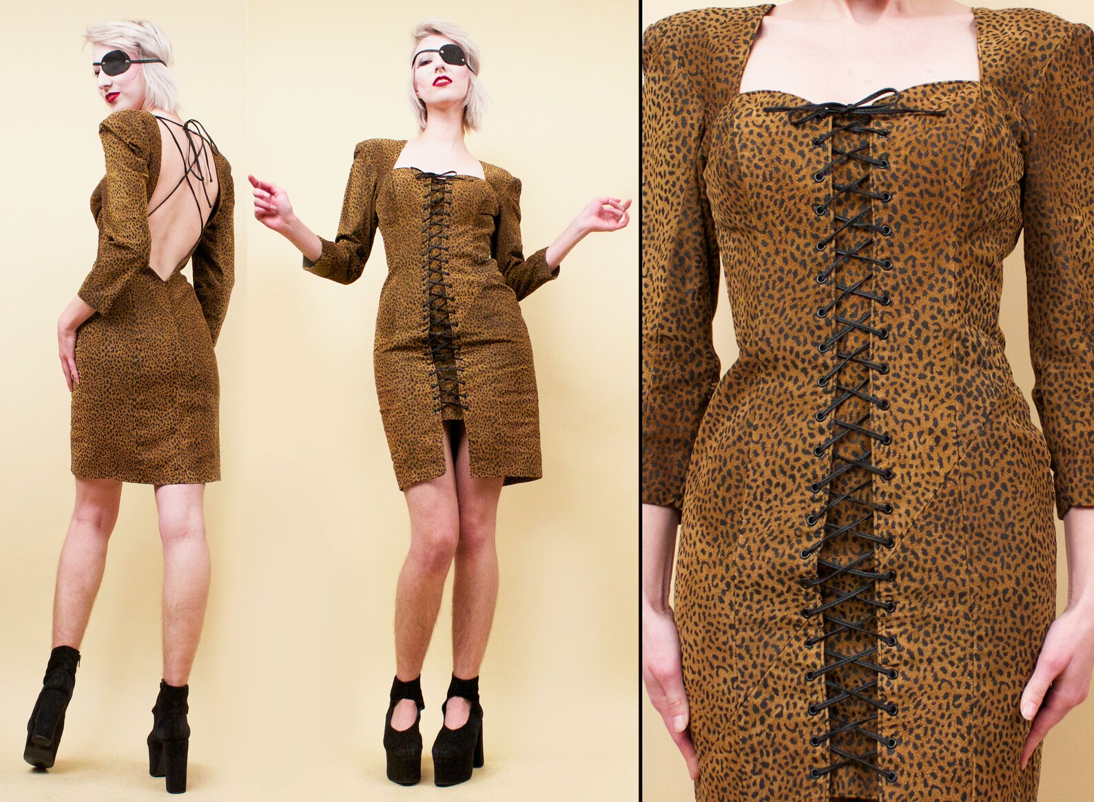 80s Vtg Leopard Print Leather Mini Dress Corset Lace up Long | Etsy