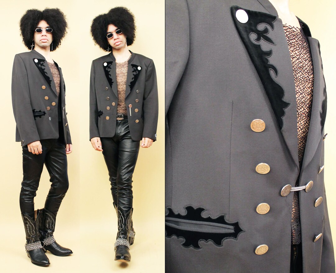 80s Vtg Black Wool Western Yolk Velvet Blazer Jacket Button Detail ...