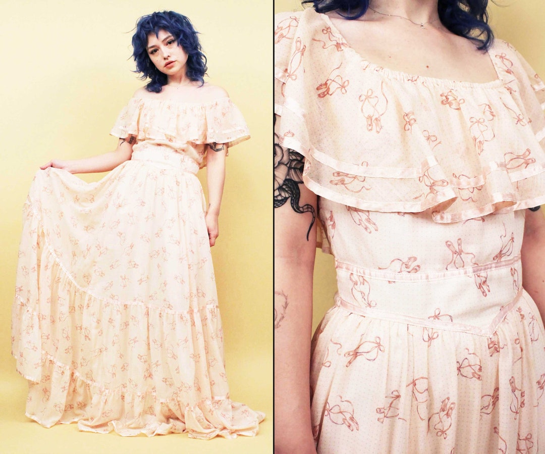 70s Vtg Gunne Sax Rare HTF Ballet Slipper Bow Print Pink off Shoulder ...