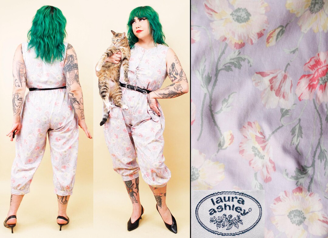 80s Vtg Laura Ashley Cotton Pastel Lavender Floral Jumpsuit Capri Pedal ...
