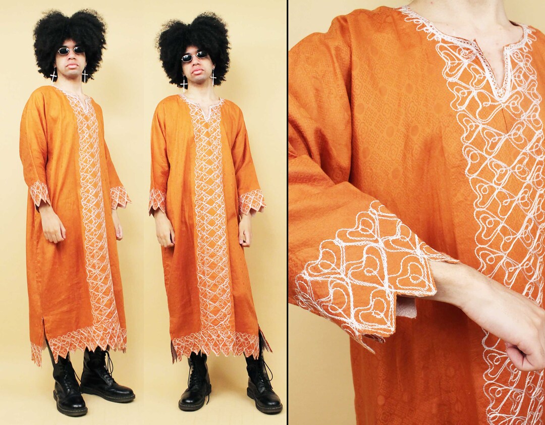 70s 90s Vtg Orange & White Embroidered Kaftan Sheath Dress Daishiki ...