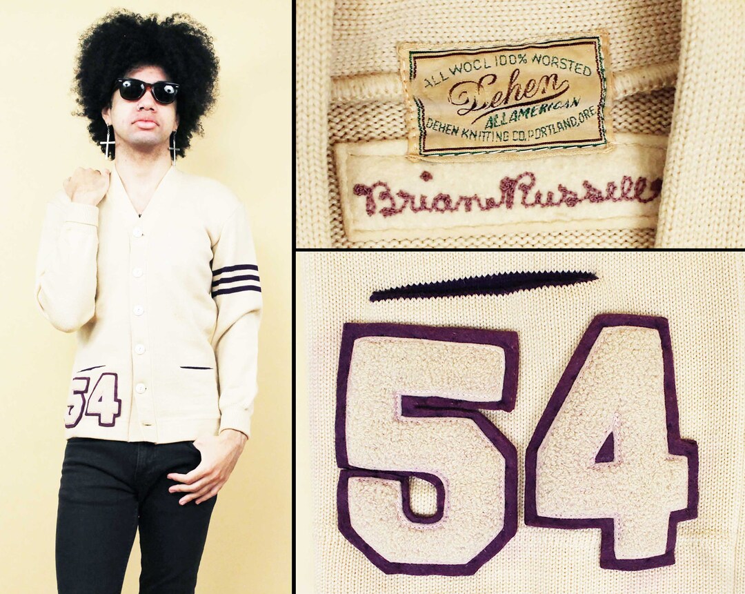 1940s 1950s Vtg Dehen Wool Knit Varsity High School Sweater Cardigan 54 ...