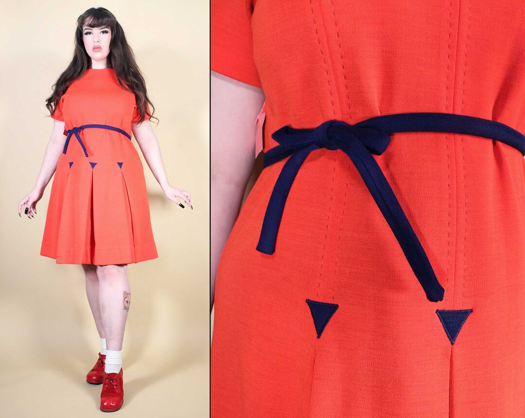 60s Vtg Red Orange Knit Arrow Mod Pleat Mini Dress Deadstock NWT Belted ...