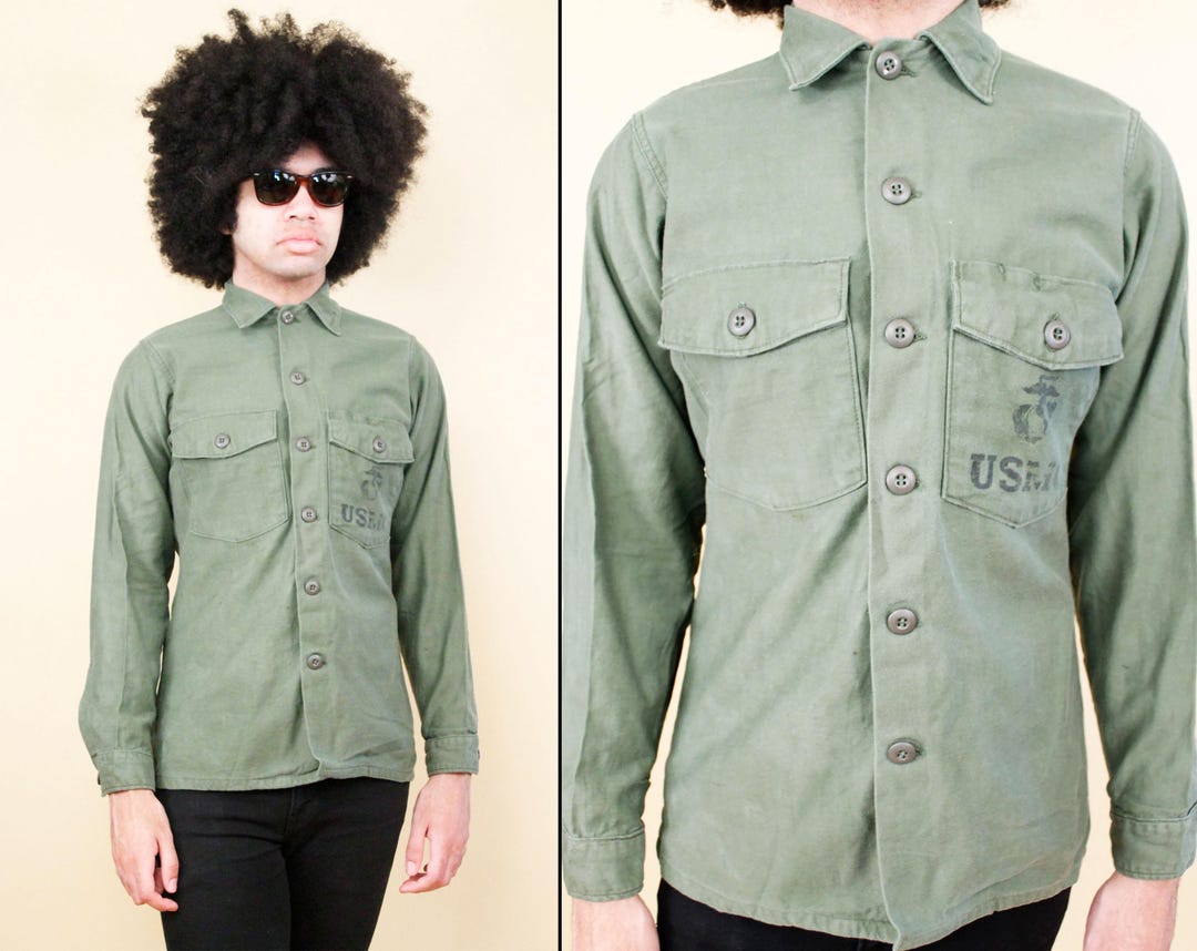 60s 70s Vtg USMC Green Cotton Collared Button up Long Sleeve Shirt ...
