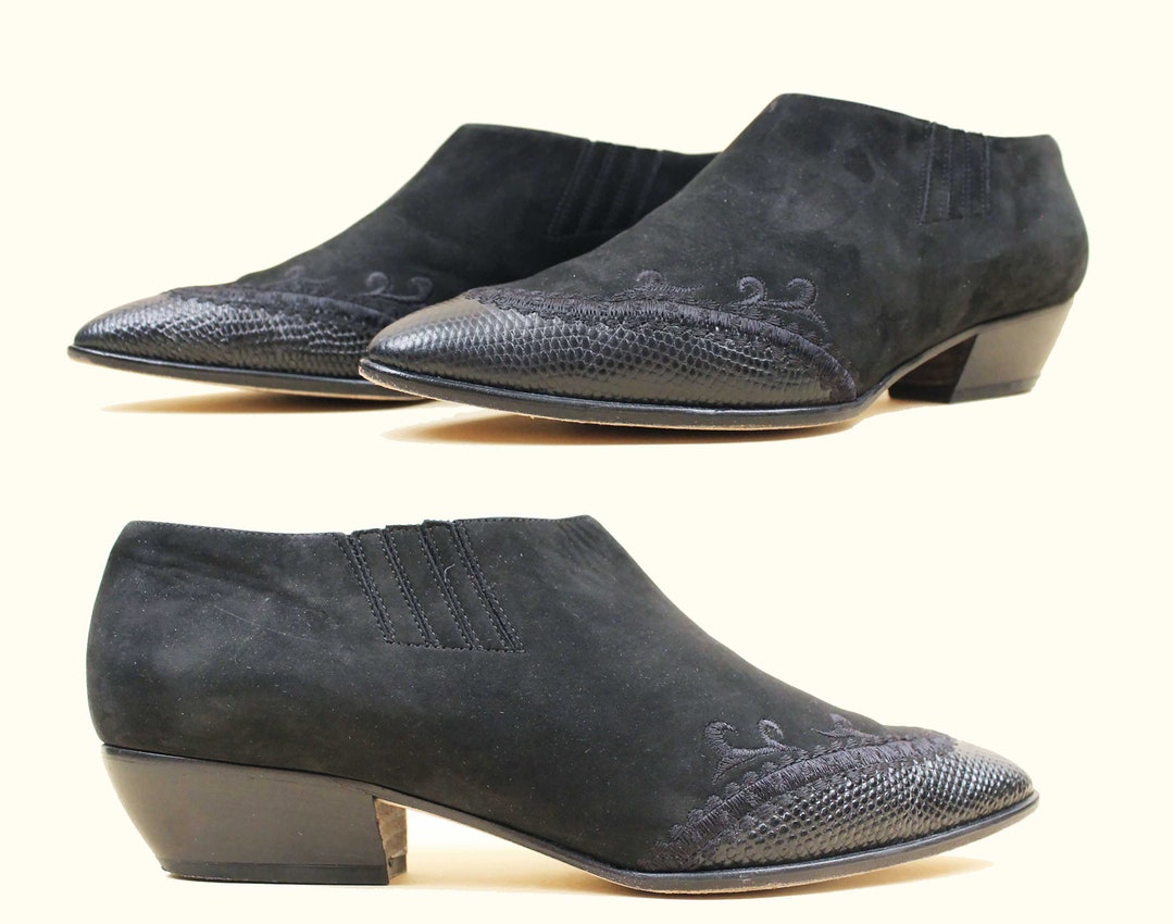 80s Vtg Black Suede Leather Wingtip Embroidered Western Ankle Bootie ...