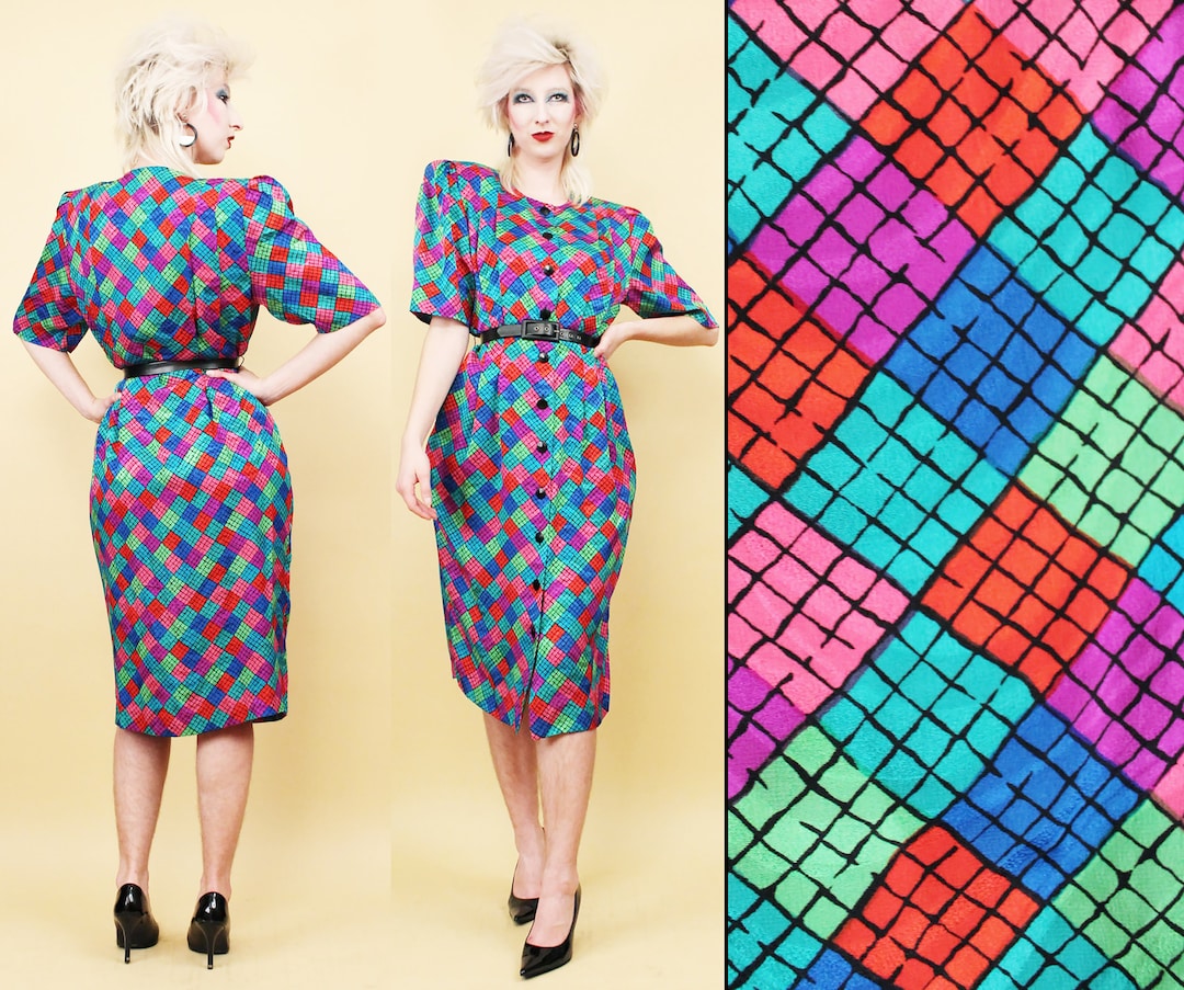 80s Vtg Rainbow Diamond Checker Pattern Harlequinn Silk Dress Button ...