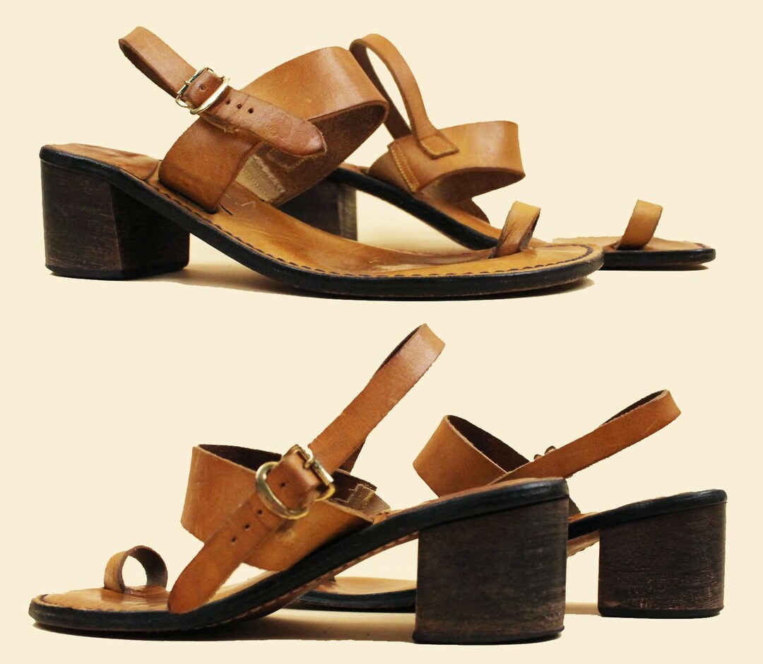 60s 70s Vtg Brown Leather Sandal Ankle Strap & Toe Chunky Platform Wood ...