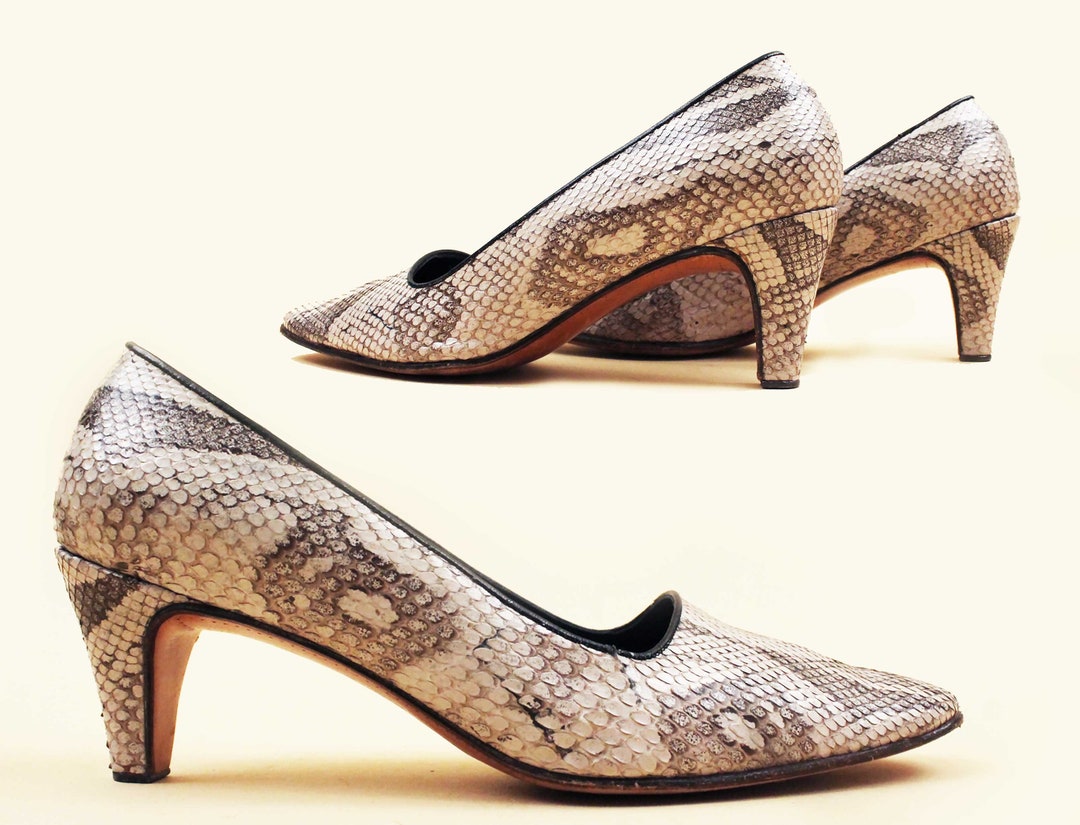 60s Vtg Python Snakeskin High Heels Metal Tips Square Toe Women's 8 7.5 ...