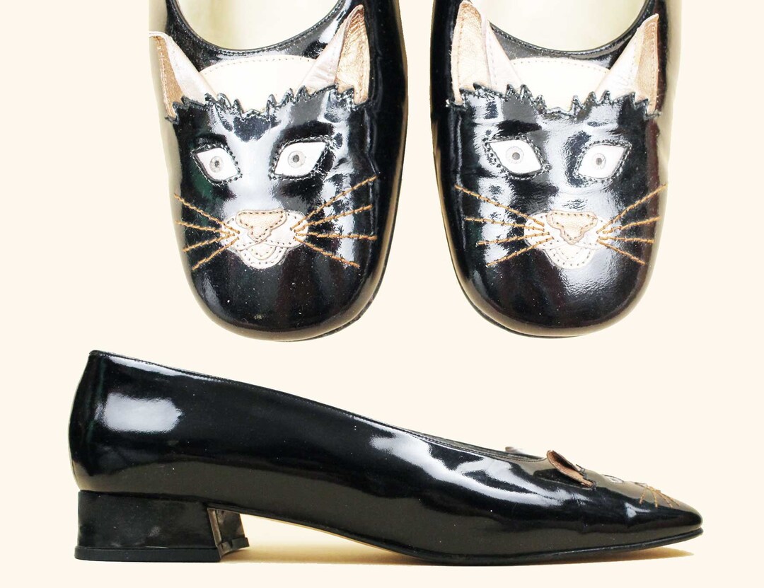 80s 90s Vtg Black Patent Leather Cat Margaret Jerrold Heels Flats Women ...