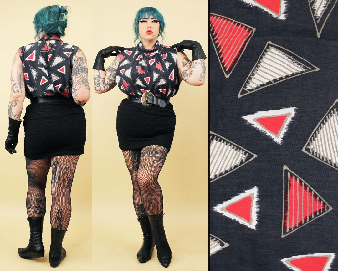 80s Does 60s Vtg Black & Pink Triangle Shapes Print Turtleneck ...