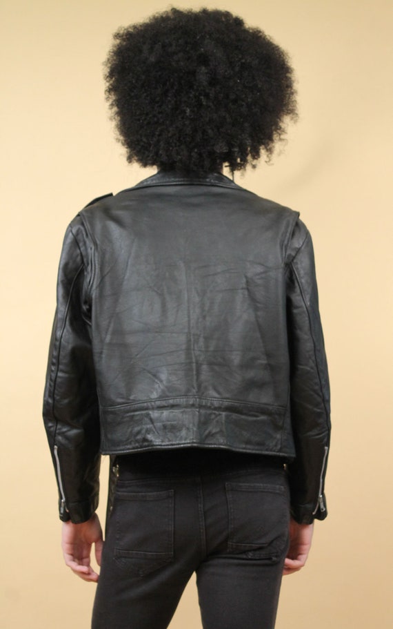 70s Vtg Black Leather Motorcycle Jacket Biker Moto Pu… - Gem