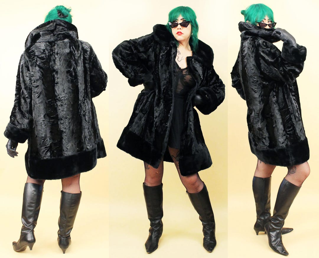 50s 60s Vtg Black Faux Fur Winter Coat Button up Giant Collar Women's ...