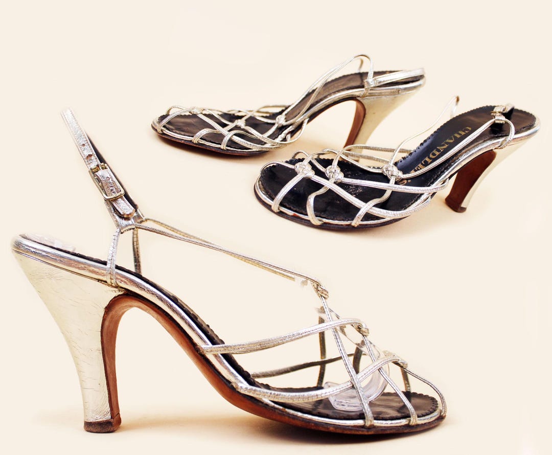 60s Metallic Silver Leather Cage Sandals: Vintage Mod High Heels US 5.5 ...