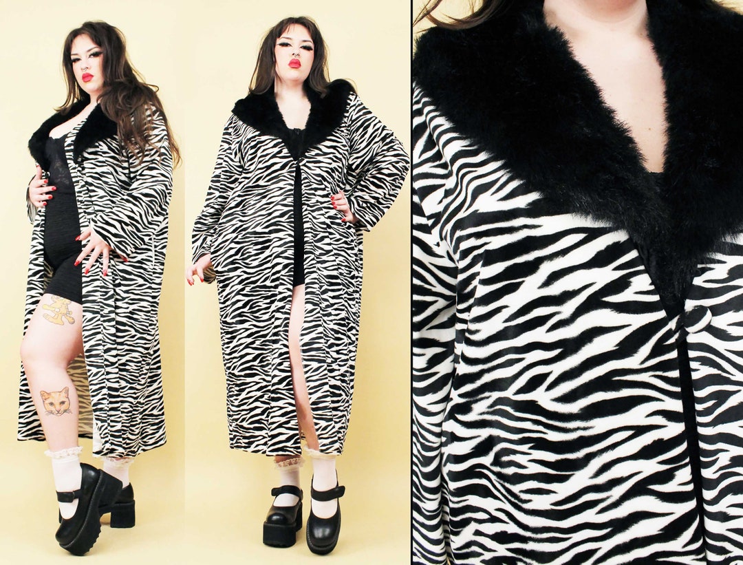 90s Vtg Faux Fur Collar Fuzzy Zebra Animal Print Black & White Duster ...