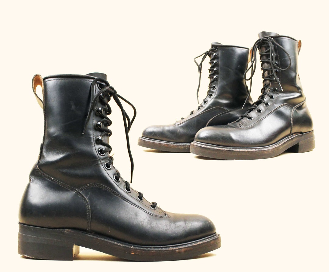 70s Vtg Black Leather Combat Boots Lace up Ankle Army Jump Tactical ...