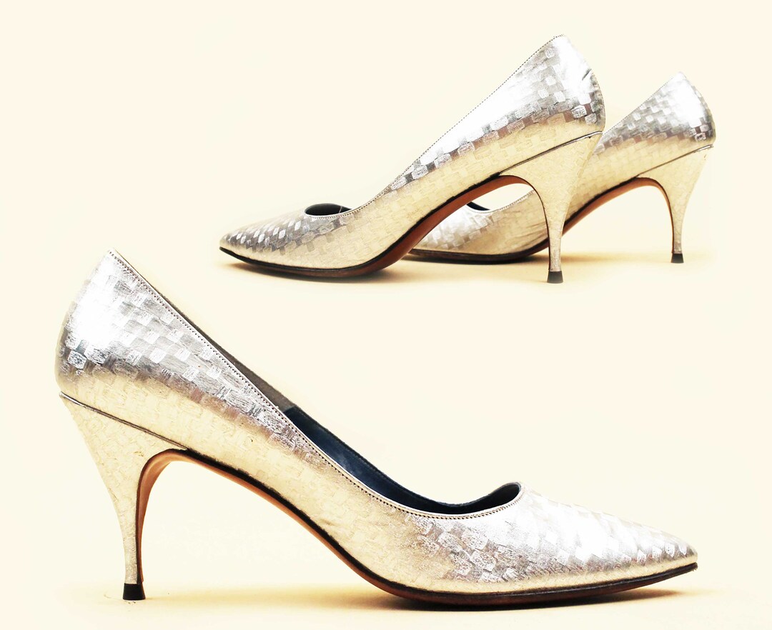 50s 60s Vtg Silver Holographic Leather Stiletto High Heel Pointy Toe ...