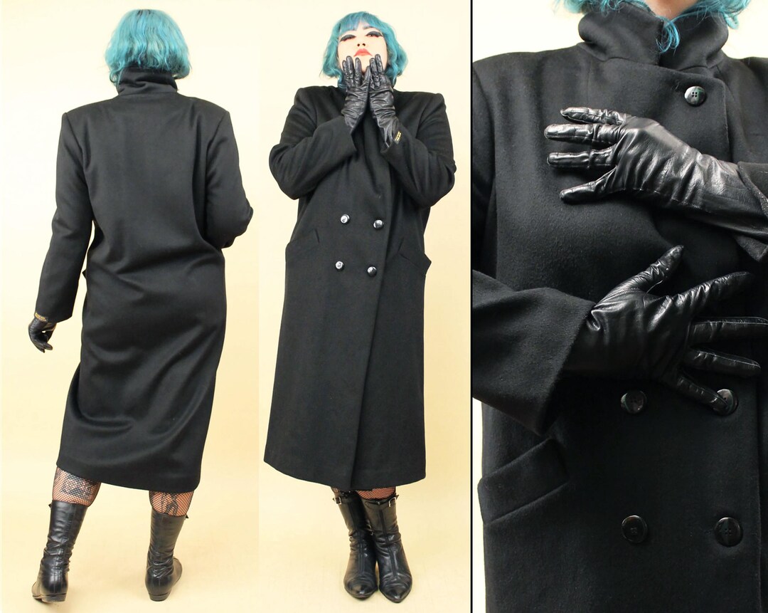 1980s Vtg Black Heavy Wool Overcoat Trench Jacket Collared Double ...