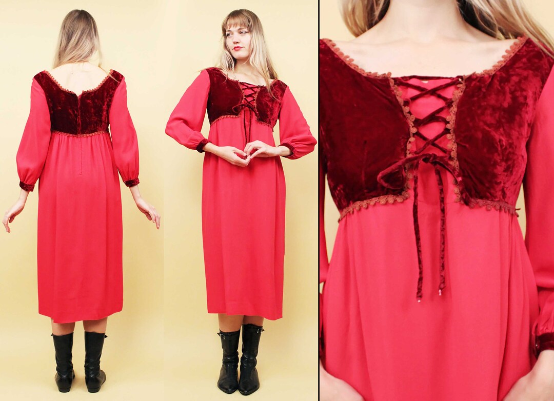 60s Vtg Maroon Red Crushed Velvet Bodice Corset Midi Length Dress Fairy ...