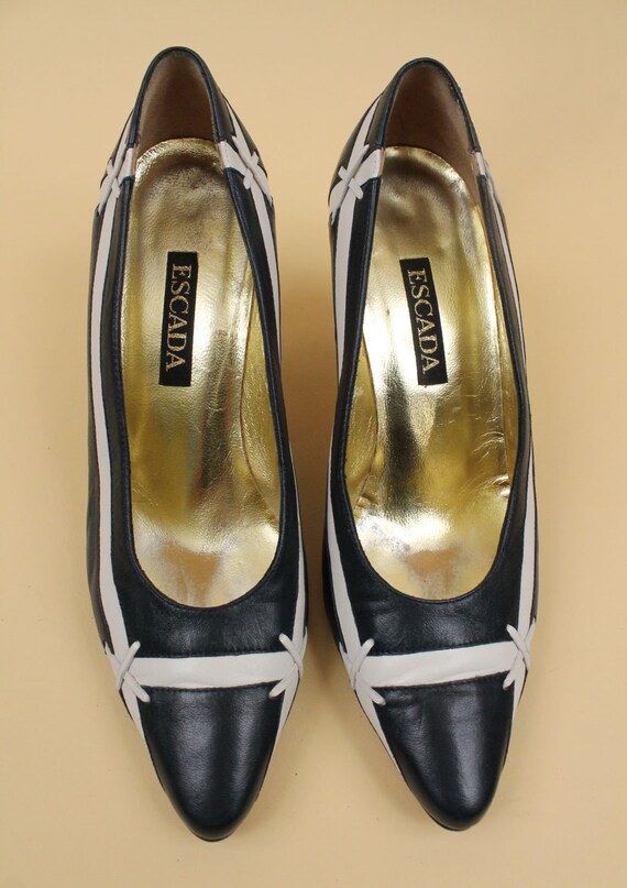 80s 90s Vtg ESCADA Italian leather Midnight Blue & Wh… - Gem