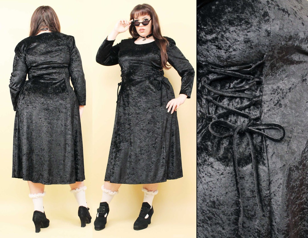 80s Vtg Black Stretch Velvet Corset Tie Midi Dress Long Sleeve Witch ...
