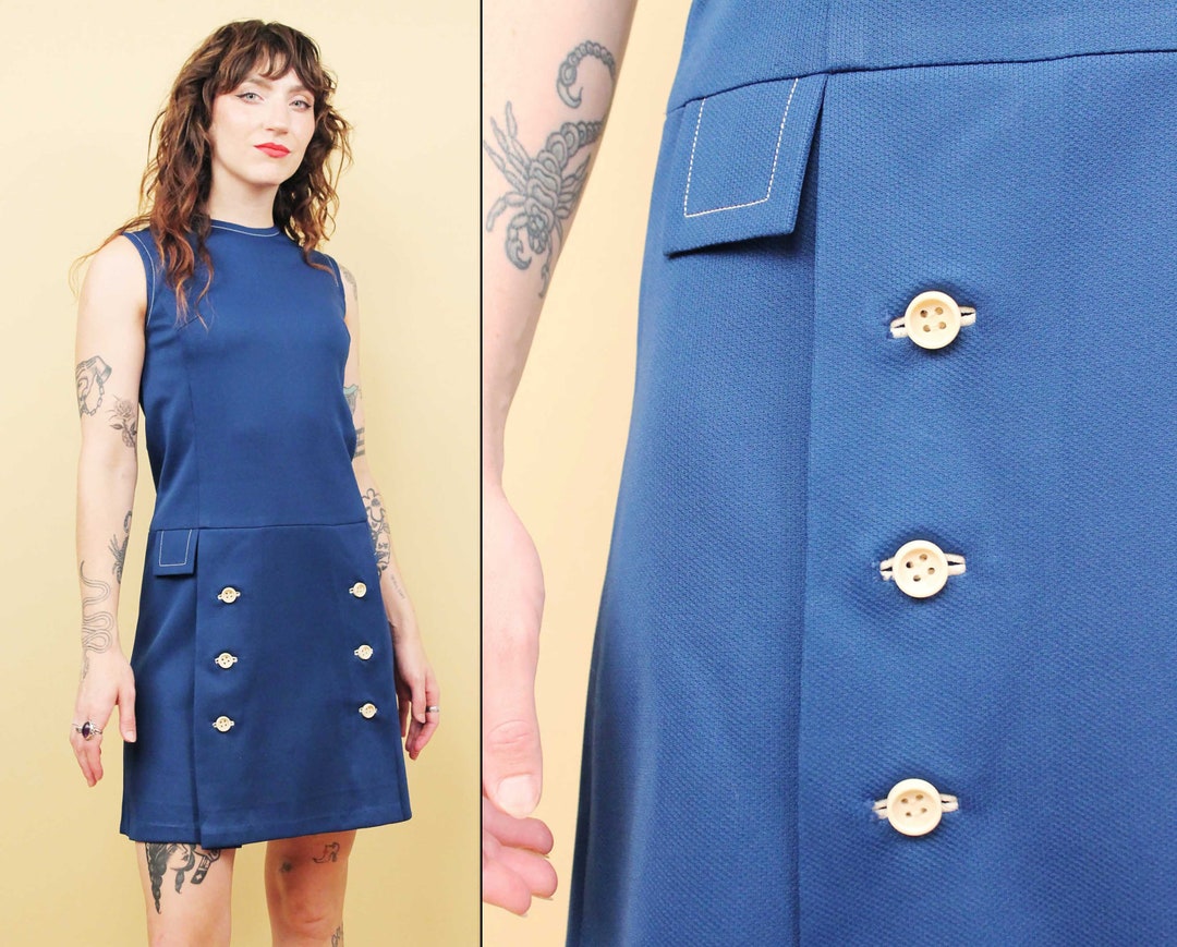 60s Vtg Blue & White Button Sailor Mini Dress Mod Scooter Go Go Shift ...