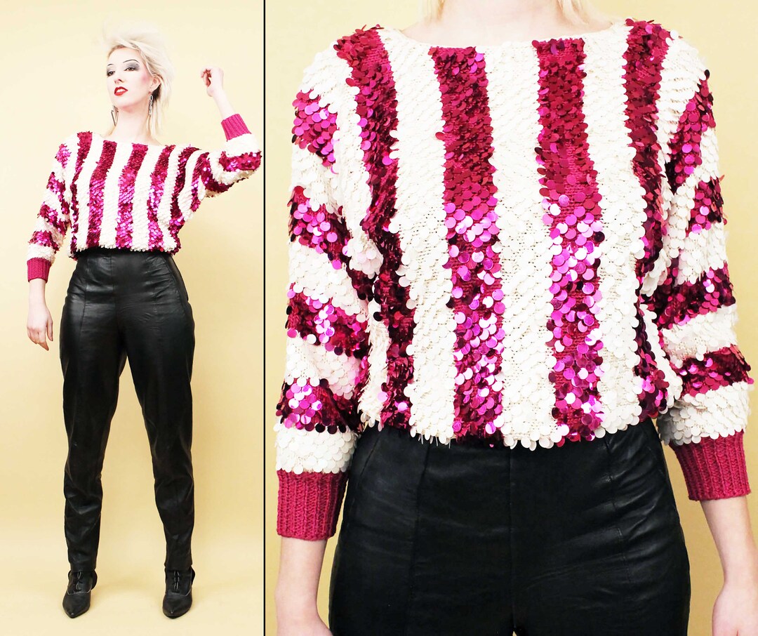 80s Vtg Hot Pink & White Sequin Stripe Knit Sweater Tunic Batwing Long ...