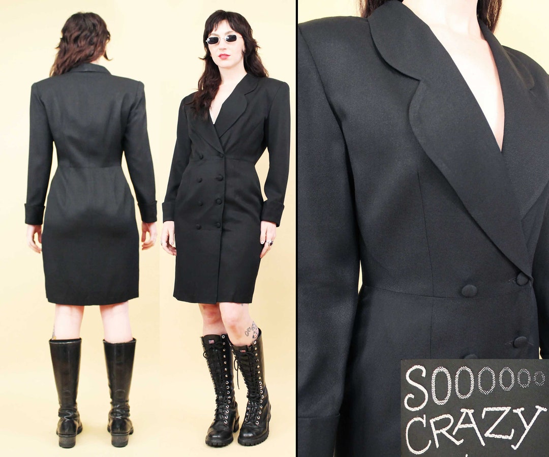 80s 90s Vtg Black Collared Suit Mini Dress Long Sleeve Button Front ...