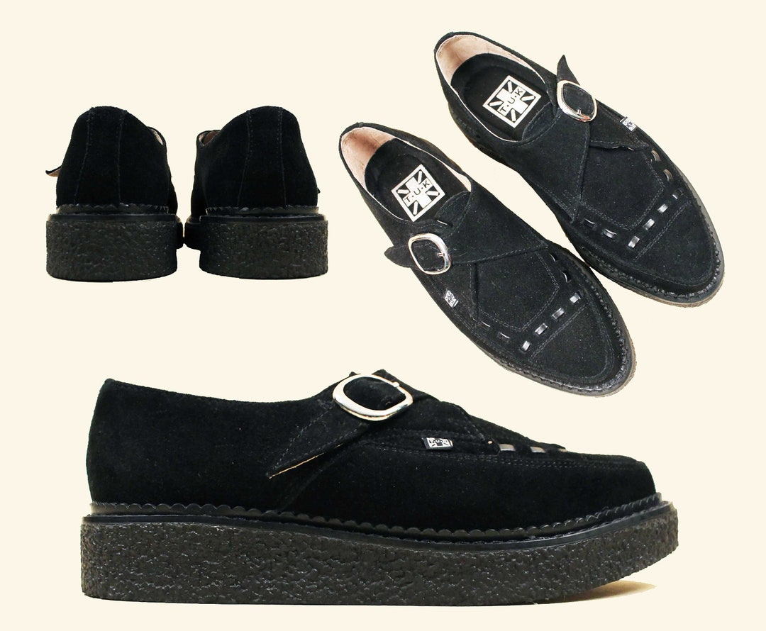 80s Style TUK Creeper Black Suede Leather Stitch Detail Punk Goth Shoe ...
