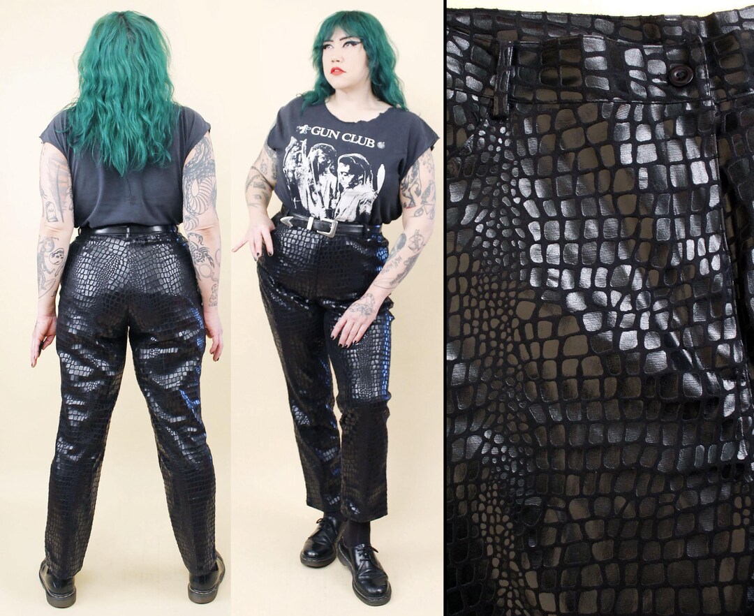 90s Y2K Vtg Black Shiny Reptile Scales Pants Jeans Leather Look Vegan ...
