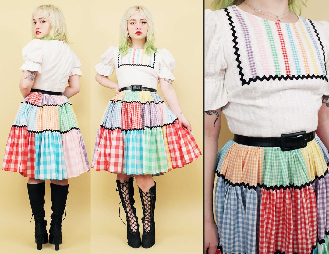 60s 70s Vtg Rainbow Puff Sleeve Gingham Plaid Western Wear Mini Dress ...