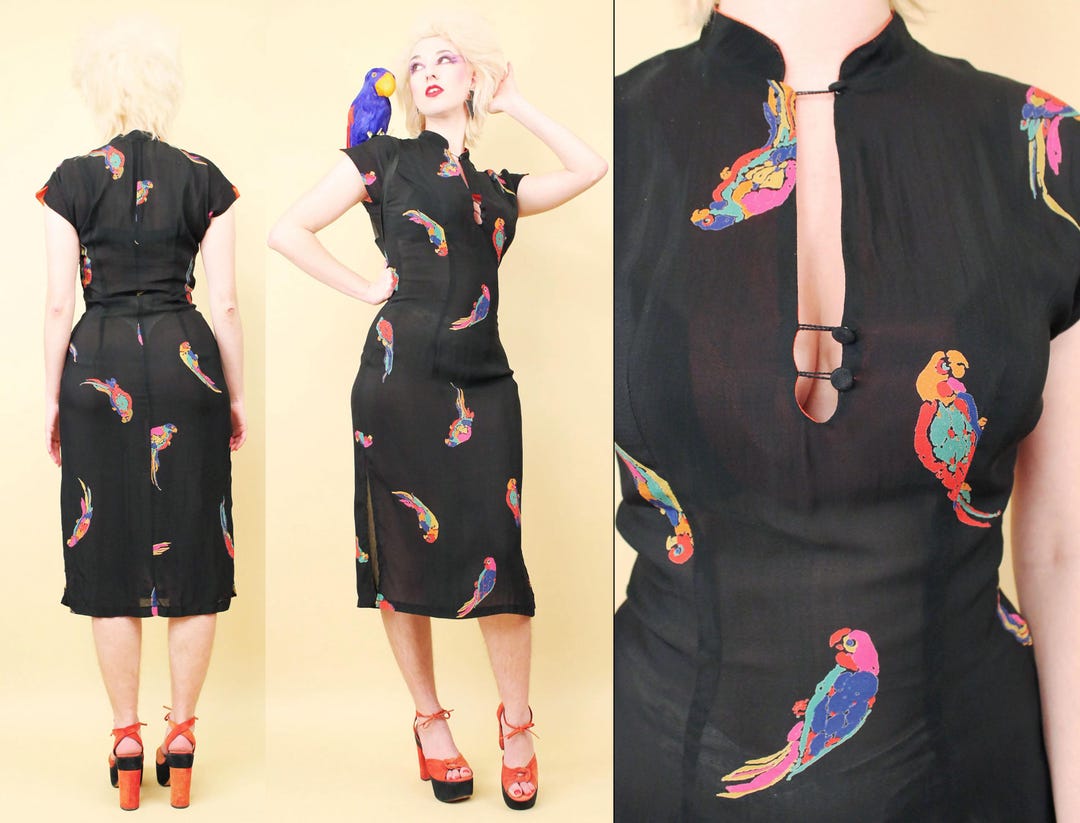 70s Does 40s Vtg Black Parrot Print Sheer Dress Cheongsam Style Mock ...